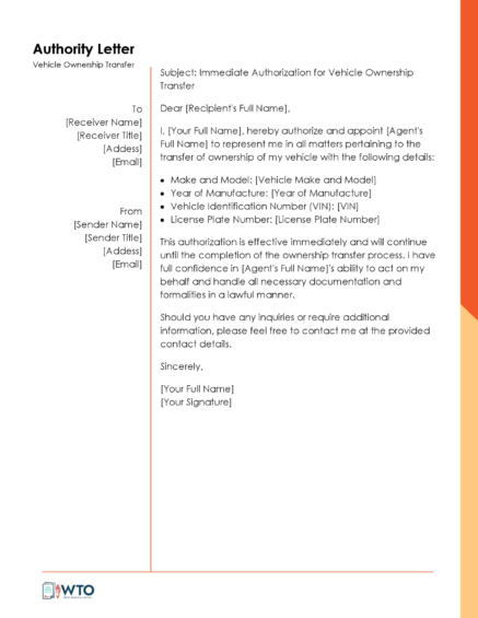Sample Authorization Letter to Transfer Ownership of Vehicle