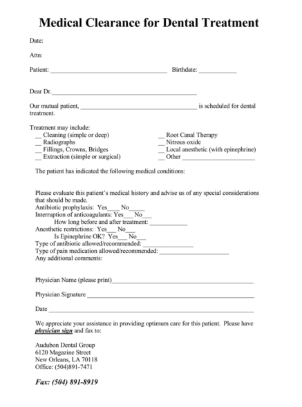 Sample Medical Clearance Forms (Dental, Surgery, Work, etc.)