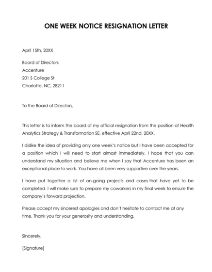 One (1) Week Notice Resignation Letter Samples (with Guide)