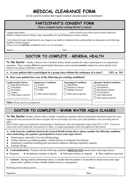 Sample Medical Clearance Forms (Dental, Surgery, Work, etc.)