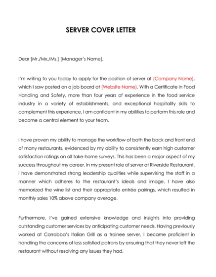 Server (Waiter) Cover Letter Samples: How to Write