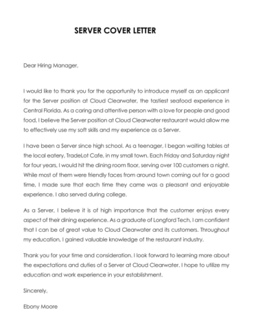 Server (Waiter) Cover Letter Samples: How to Write