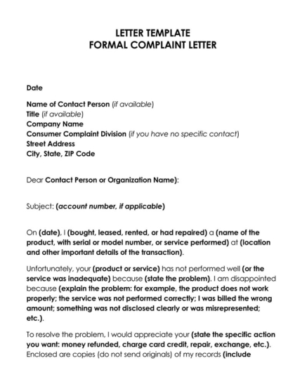 Examples of Formal Complaint Letter (20 Free Templates)