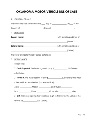 Free Oklahoma Vehicle Bill of Sale Forms | Word - PDF