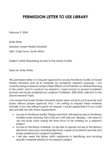 Sample Permission Letters to Use Library (Examples)