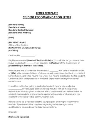 30 Free Letter of Recommendation for Student Templates