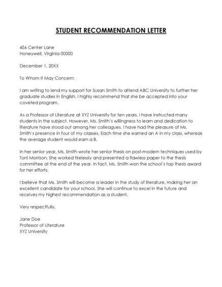 30 Free Letter of Recommendation for Student Templates