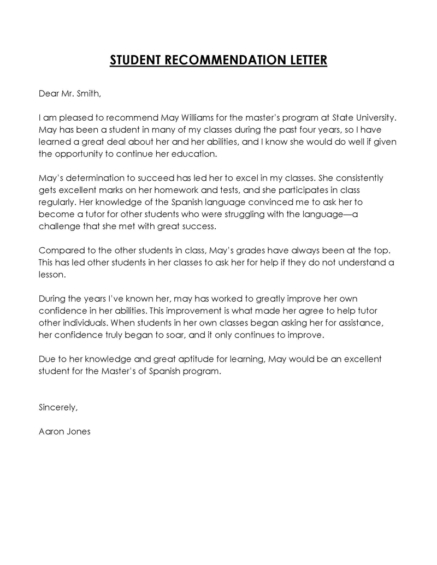 30 Free Letter of Recommendation for Student Templates