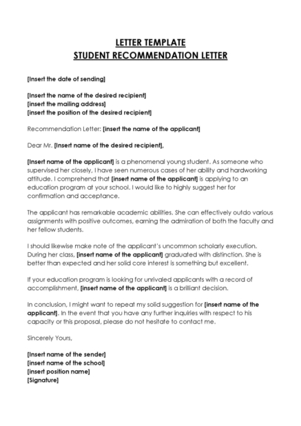 30 Free Letter of Recommendation for Student Templates