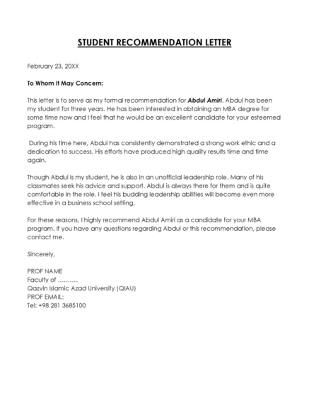 30 Free Letter of Recommendation for Student Templates