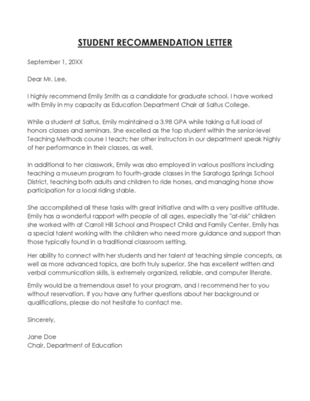 30 Free Letter of Recommendation for Student Templates