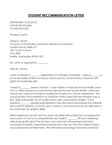 30 Free Letter of Recommendation for Student Templates