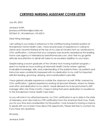 Certified Nursing Assistant (CNA) Cover Letter Examples