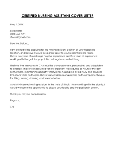 Certified Nursing Assistant (CNA) Cover Letter Examples