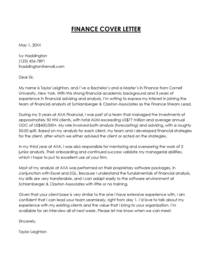 Finance Cover Letter Examples (Guide and Tips)