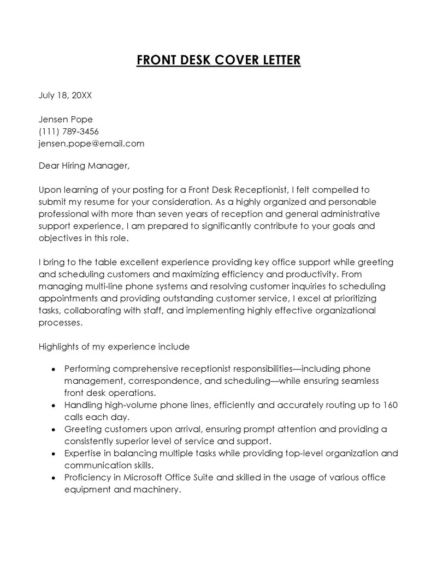 6 Best Front Desk Cover Letter Examples and Tips