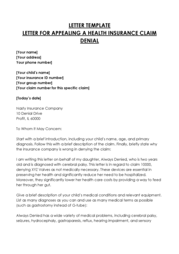 Sample Letter for Appealing Health Insurance Claim Denial