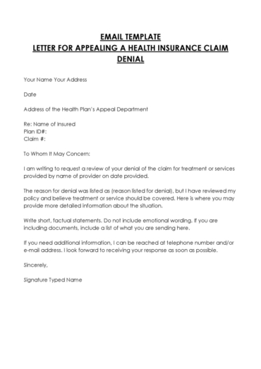 Sample Letter for Appealing Health Insurance Claim Denial