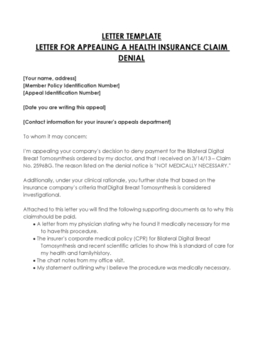 Sample Letter for Appealing Health Insurance Claim Denial