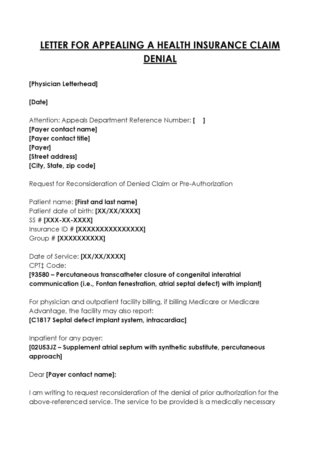 Sample Letter for Appealing Health Insurance Claim Denial