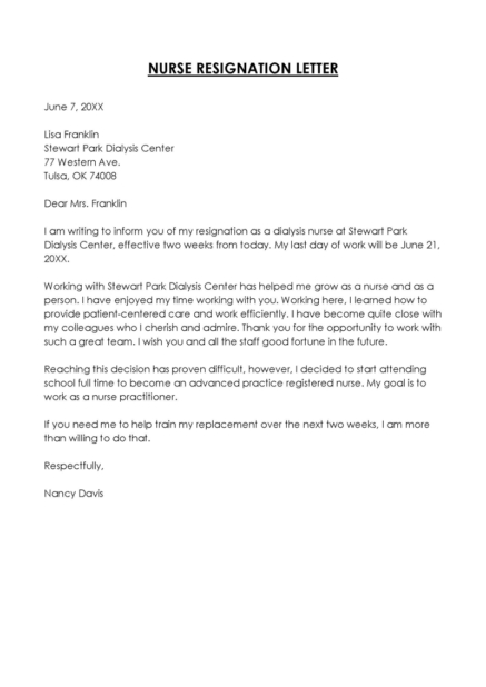 Nursing Resignation Letter Examples