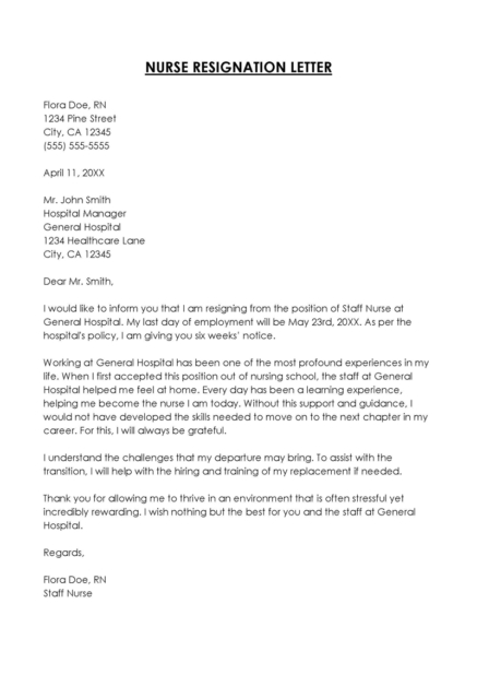 Nursing Resignation Letter Examples