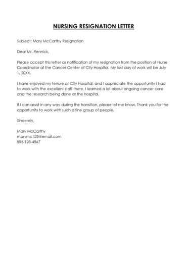 Nursing Resignation Letter Examples