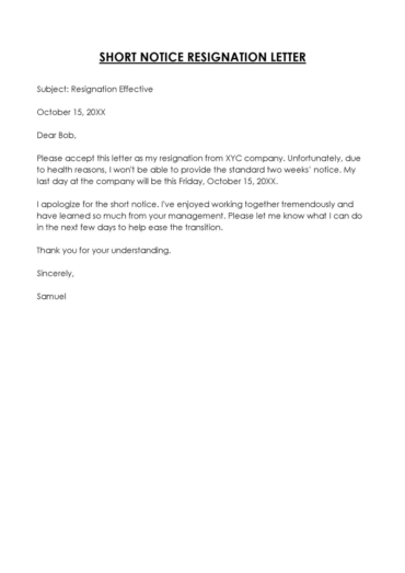 Short Notice Resignation Letter Examples (24 Hours Notice)