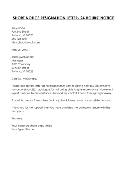 Short Notice Resignation Letter Examples (24 Hours Notice)