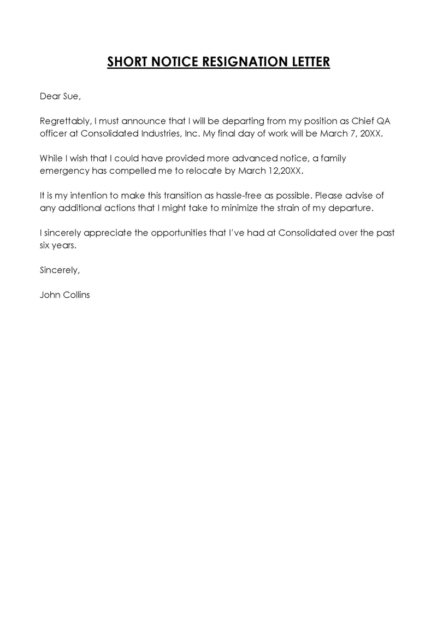 Short Notice Resignation Letter Examples (24 Hours Notice)