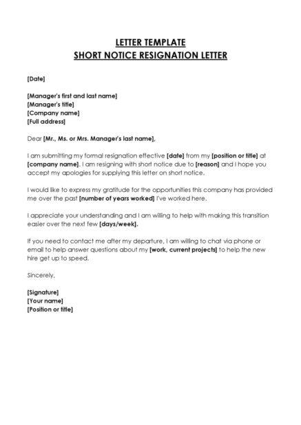 Short Notice Resignation Letter Examples (24 Hours Notice)