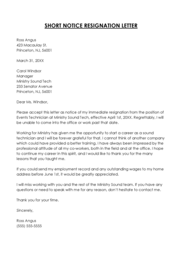 Short Notice Resignation Letter Examples (24 Hours Notice)