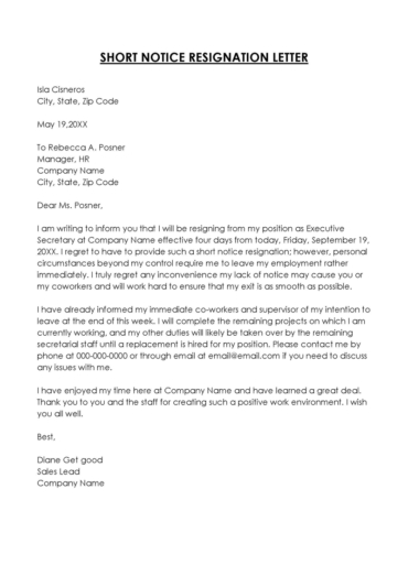 Short Notice Resignation Letter Examples (24 Hours Notice)