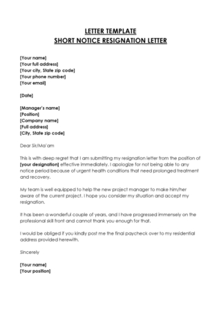 Short Notice Resignation Letter Examples (24 Hours Notice)