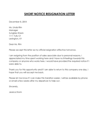 Short Notice Resignation Letter Examples (24 Hours Notice)