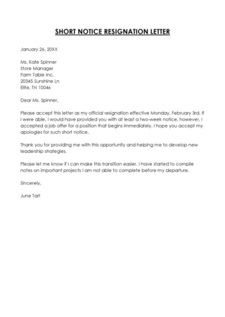 Short Notice Resignation Letter Examples (24 Hours Notice)