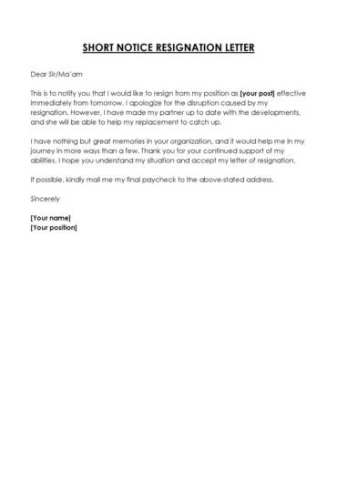 Short Notice Resignation Letter Examples (24 Hours Notice)