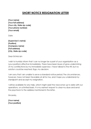 Short Notice Resignation Letter Examples (24 Hours Notice)