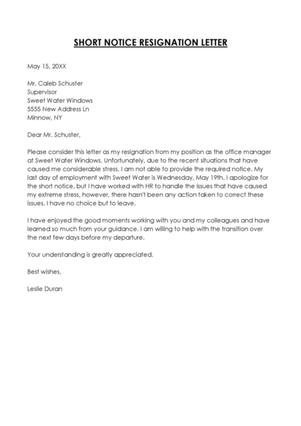 Short Notice Resignation Letter Examples (24 Hours Notice)