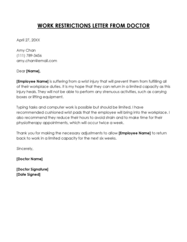 Doctor’s Note: Work Restrictions Letter (Templates)