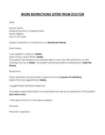 Doctor’s Note: Work Restrictions Letter (Templates)
