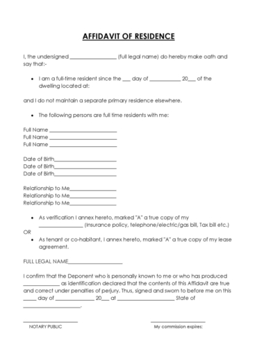 Affidavit of Residency - 6 Types - Free Templates