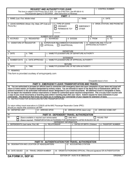Fillable DA Form 31 | PDF & Word