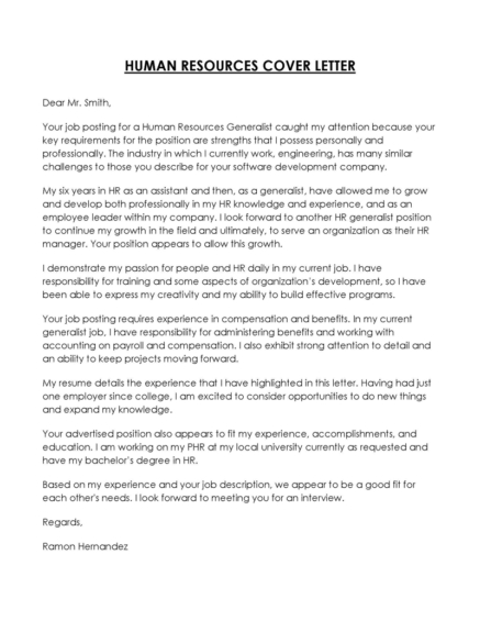 Human Resource (HR) Cover Letter Examples + Tips