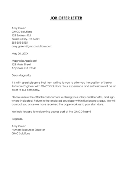 Formal Job Offer Letter Samples and Free Templates