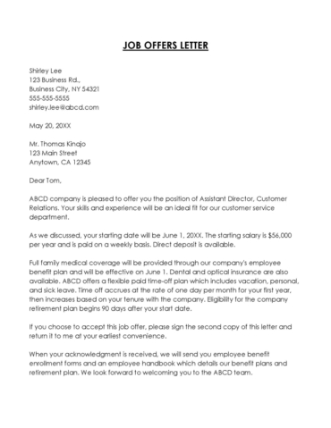 Formal Job Offer Letter Samples and Free Templates