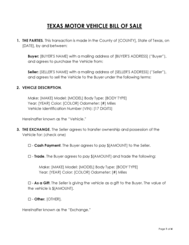 Texas Vehicle Bill of Sale Form (Free Templates) - PDF, Word