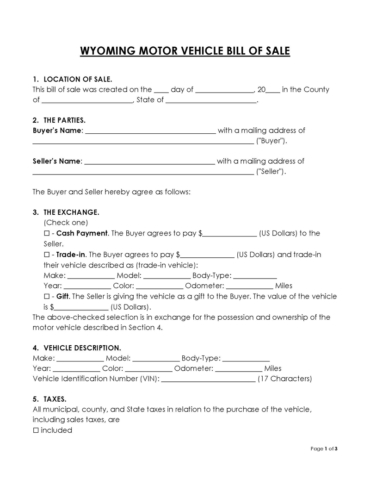 Free Wyoming Vehicle Bill of Sale Forms (14) - PDF, Word