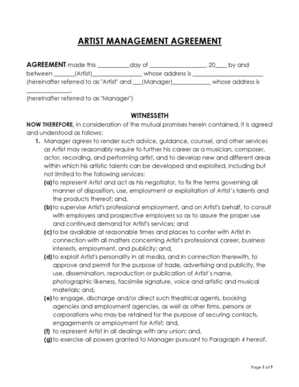 Free Artist Management Contract Templates - Word