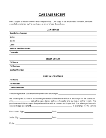 Free Printable Car Sale Receipt Templates - Word | PDF